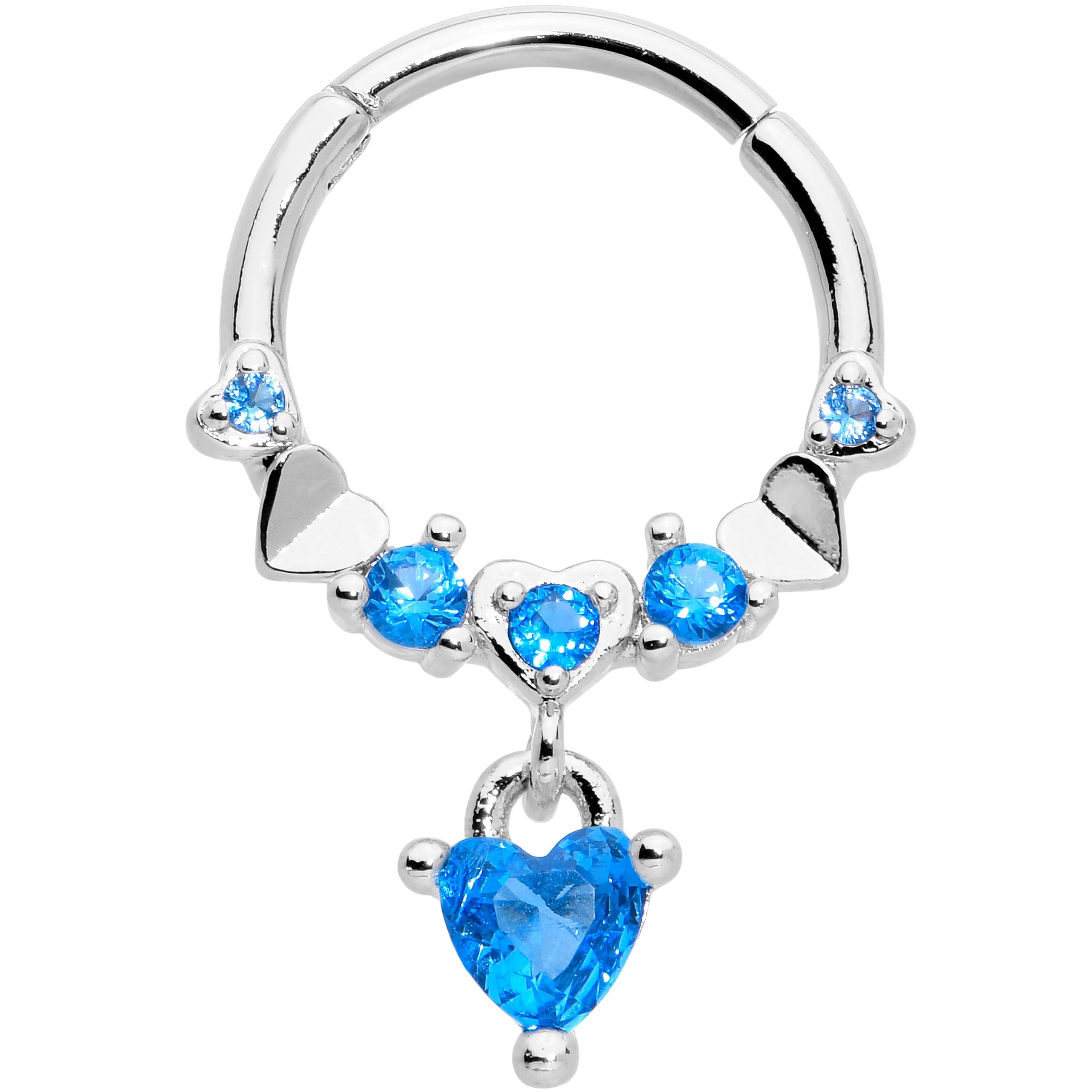 16 Gauge 3/8 Aqua CZ Gem Love Heart Dangle Hinged Segment Ring (Select ...