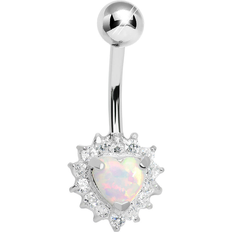 925 Sterling Silver Cubic Zirconia Opal Heart Belly Ring