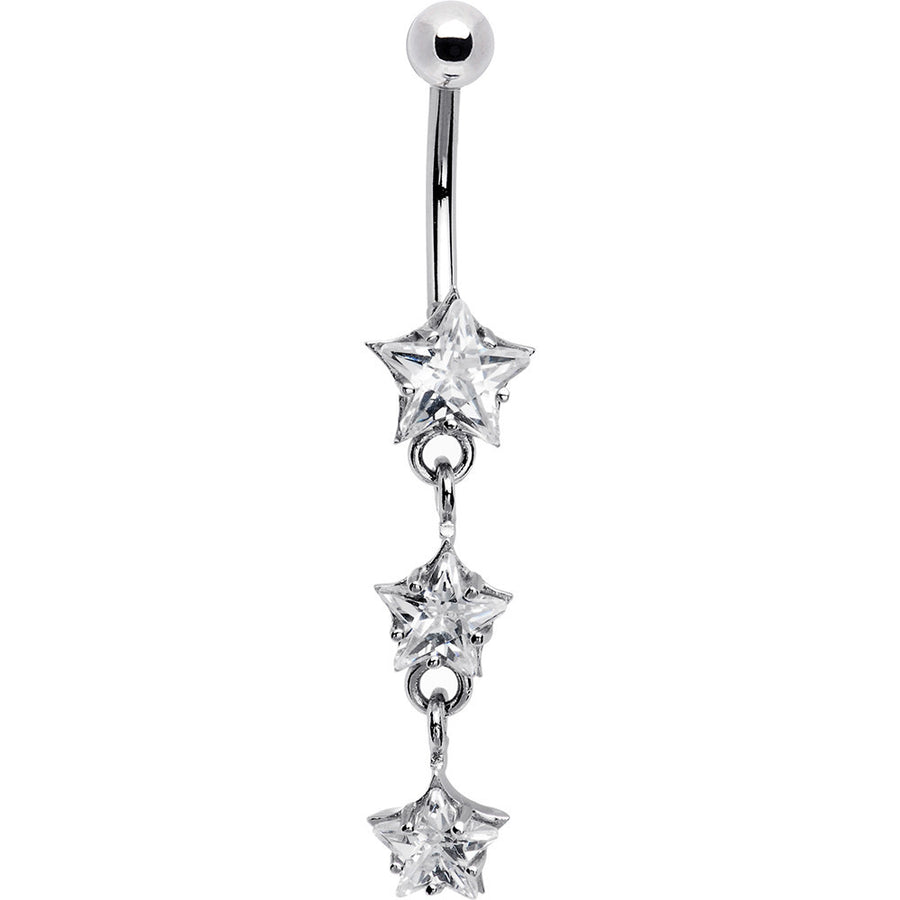 Solid 14kt White Gold Zirconia Trio Star Belly Ring