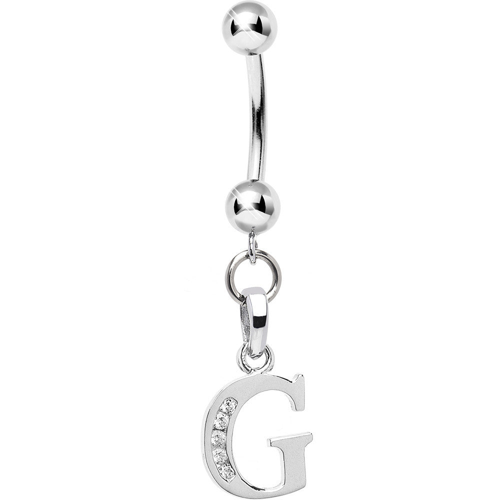 16 Gauge Solid 14kt White Gold CZ Initial G Belly Ring