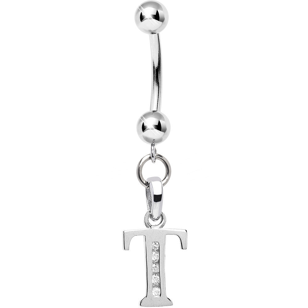 16 Gauge Solid 14kt White Gold CZ Initial T Belly Ring