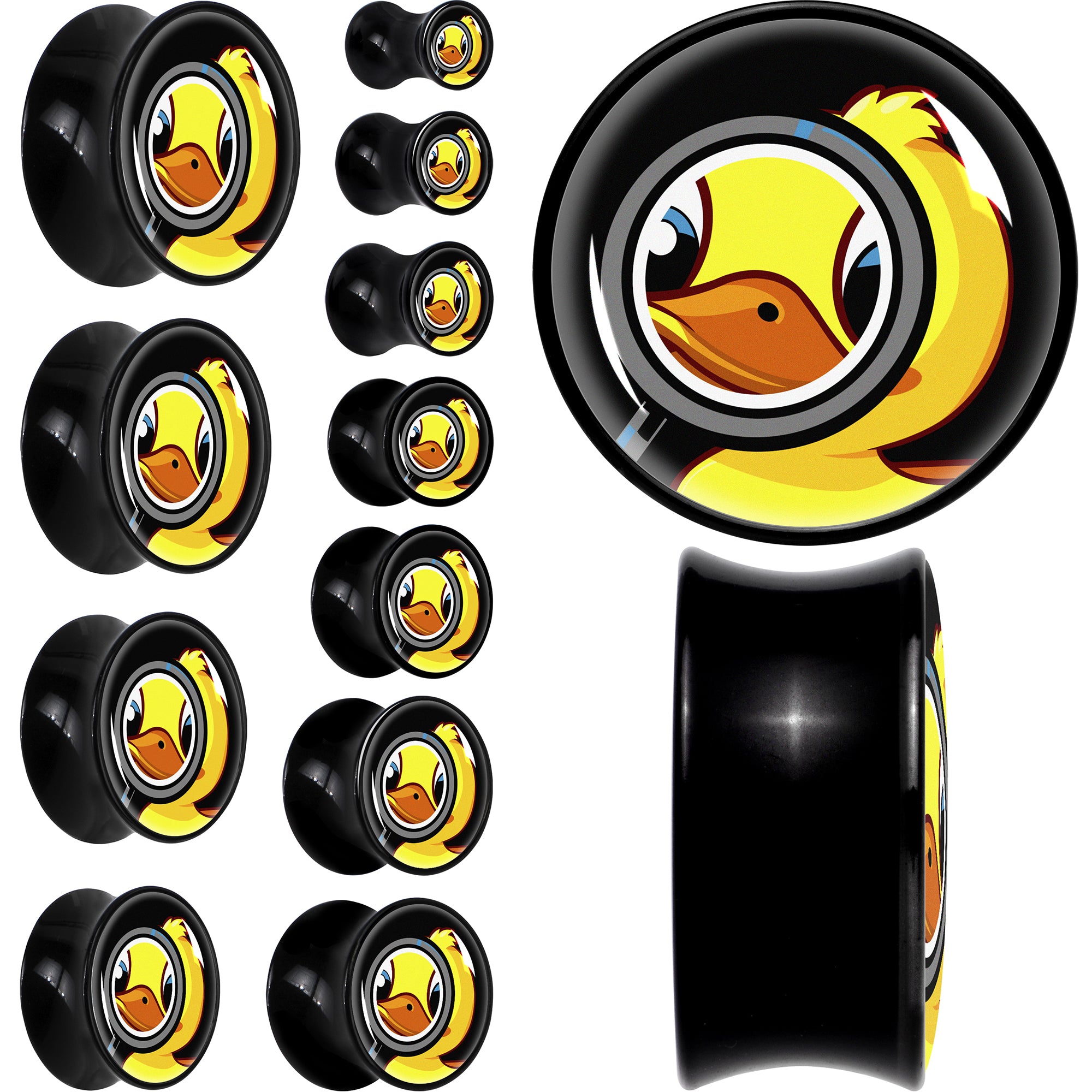 Magnified Yellow Duck Black Acrylic Saddle Plug Set
