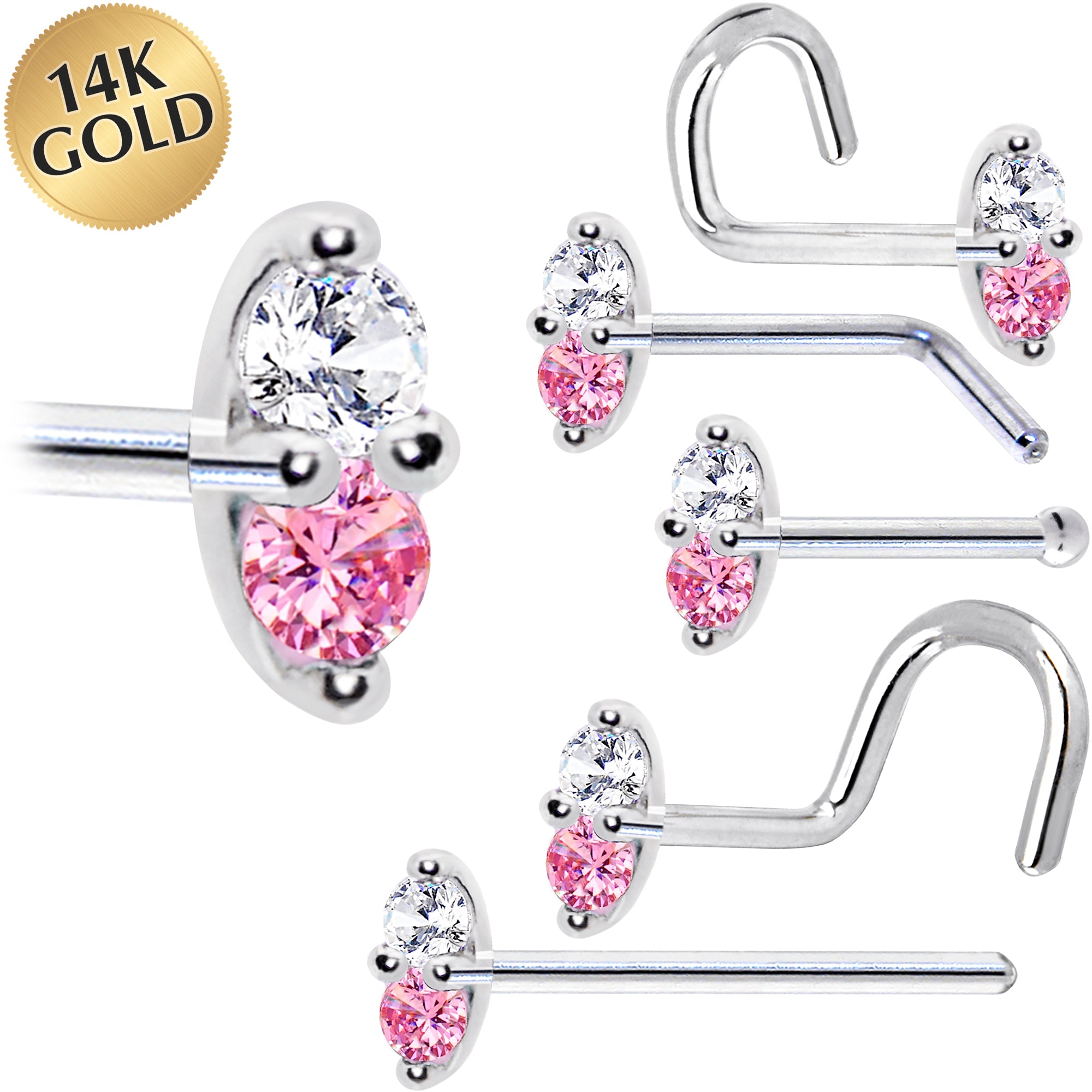 14kt White Gold Pink 1.5mm CZ Marquise Nose Ring