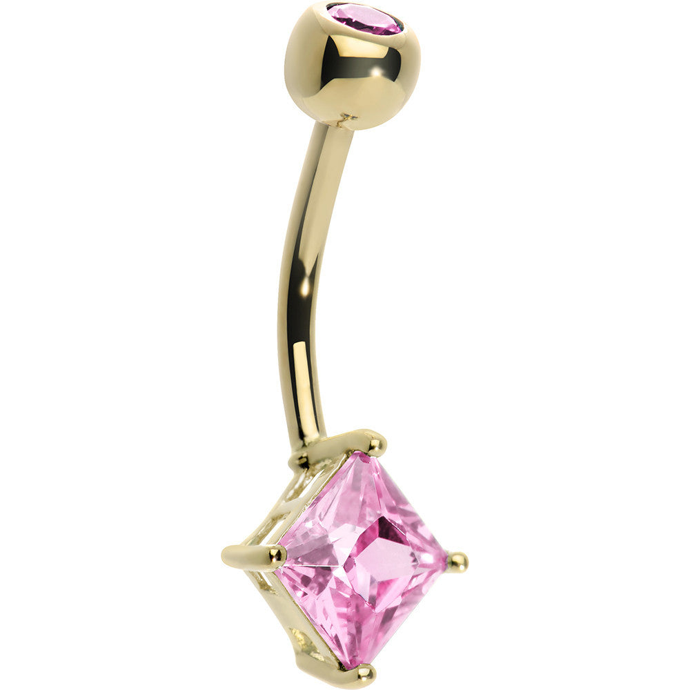 16 Gauge 14KT Yellow Gold Pink Princess 6mm Cubic Zirconia Belly Ring