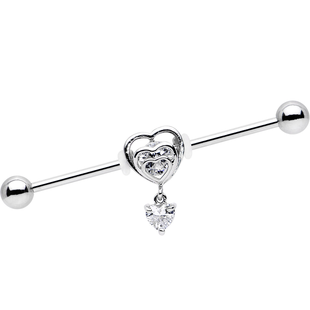 Clear CZ Gem Triple Heart Dangle Industrial Barbell 38mm
