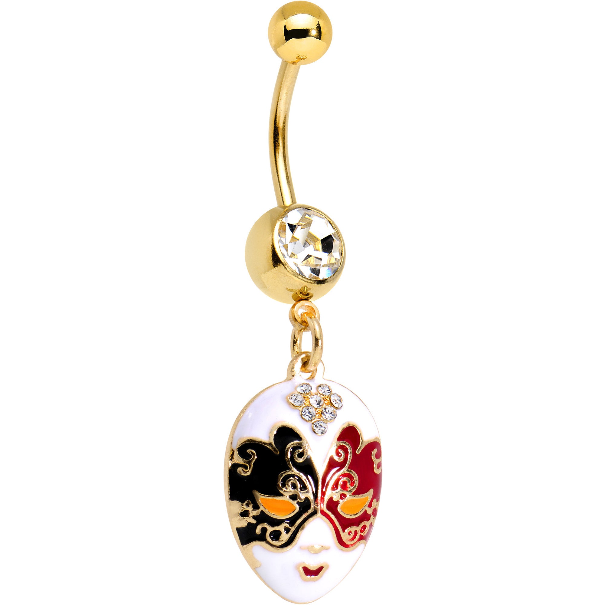 Clear Gem Gold PVD Red Black Heart Masquerade Mask Dangle Belly Ring
