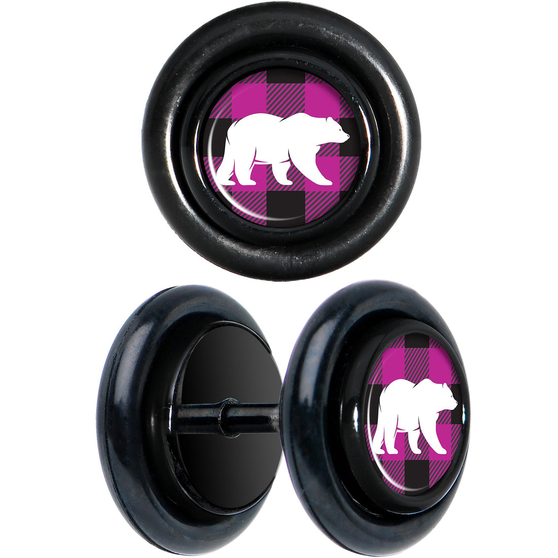 Pink Black Plaid Polar Bear Black Cheater Plug Set