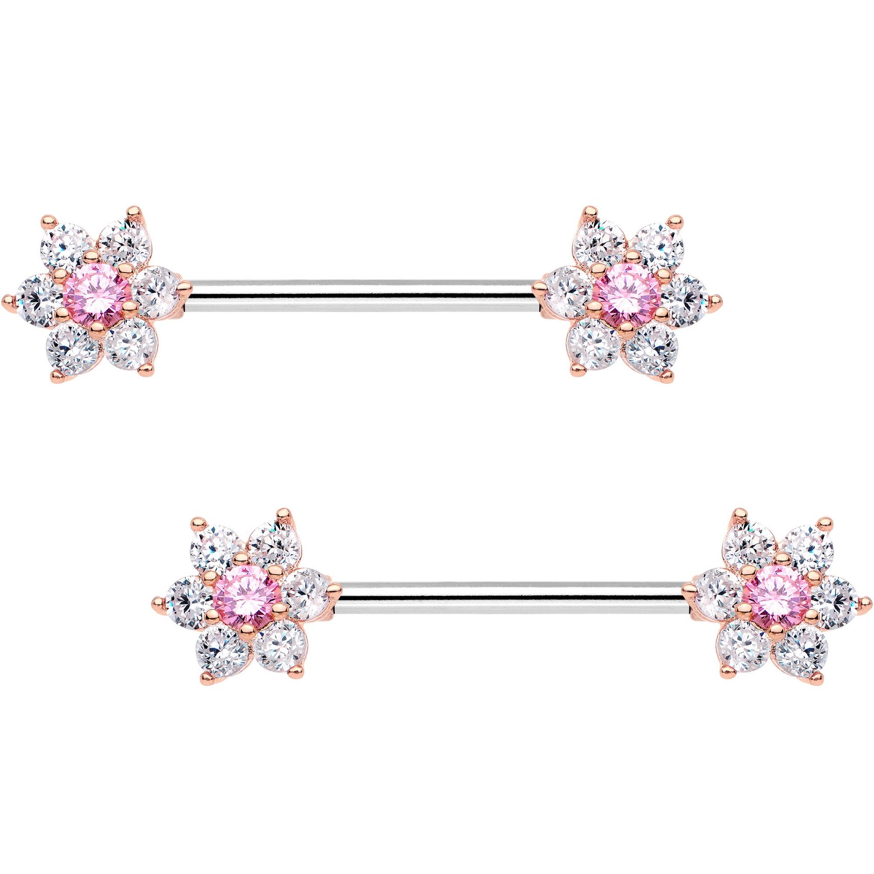 9/16 Pink CZ Gem Shimmering Flower Petal Barbell Nipple Ring Set