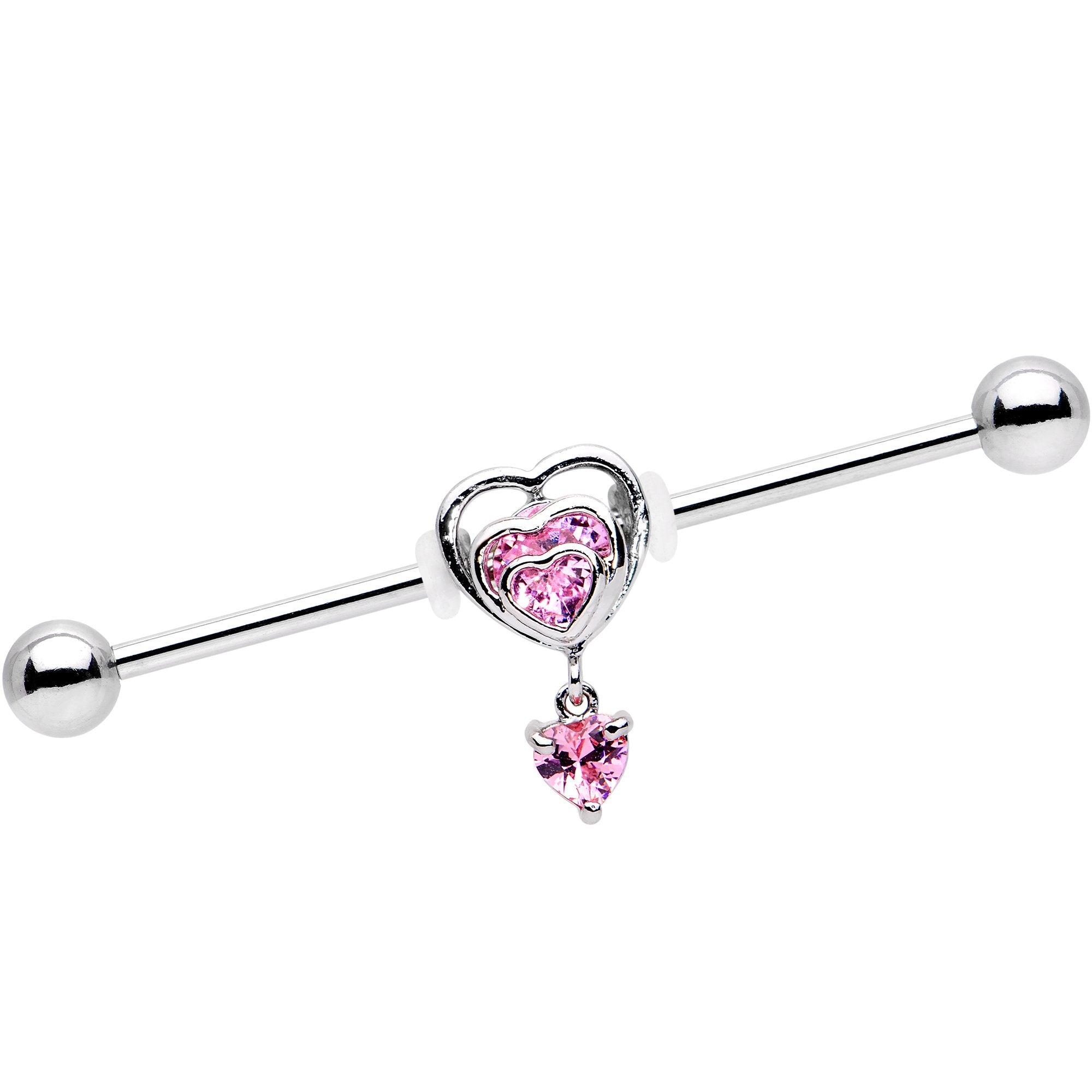 Pink CZ Gem Triple Heart Dangle Industrial Barbell 38mm