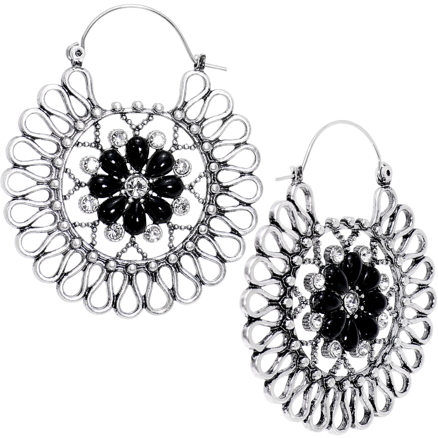 Clear Black Gem Twists and Flowers Tunnel Plug Earrings
